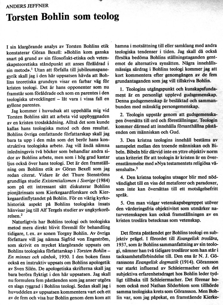 Anders Jeffner: Torsten Bohlin som teolog. I Kyrkohistorisk Årsskrift ...